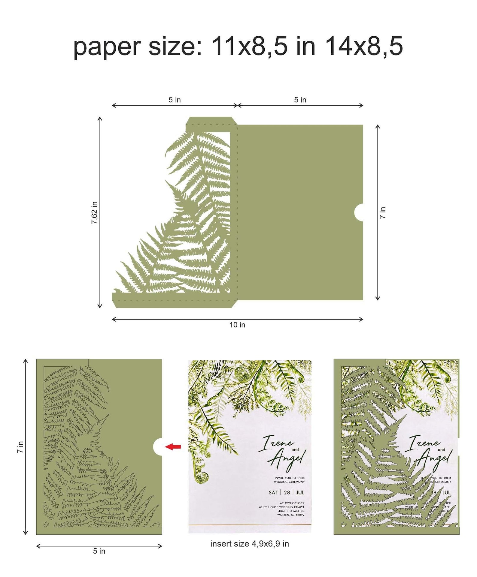Fern Invitation Svg Template, Panel Pocket Wedding Invitation Envelope ...