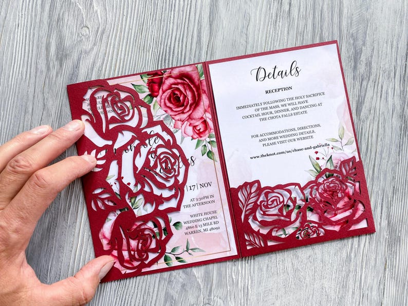 Cricut Rose Flowers Svg Wedding Invitation Template, 5x7 Tri-fold ...