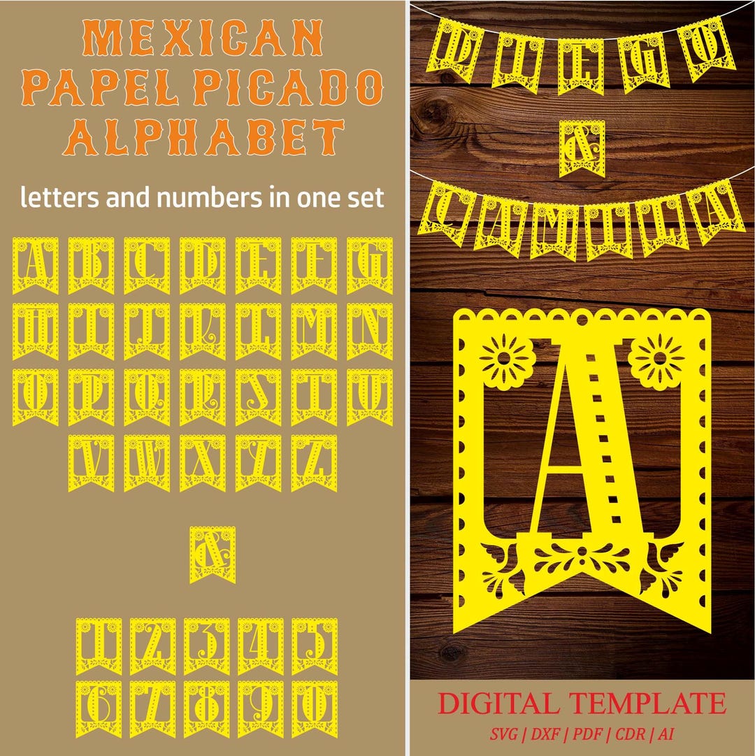 AZ Letters Alphabet Papel Picado Mexican Bunting Banner Flags Template ...