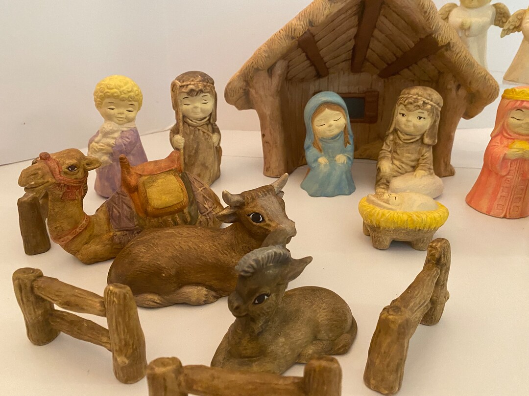 Cherub Nativity Set Ceramic Baby Jesus Mary Joseph Wise Men Angels ...