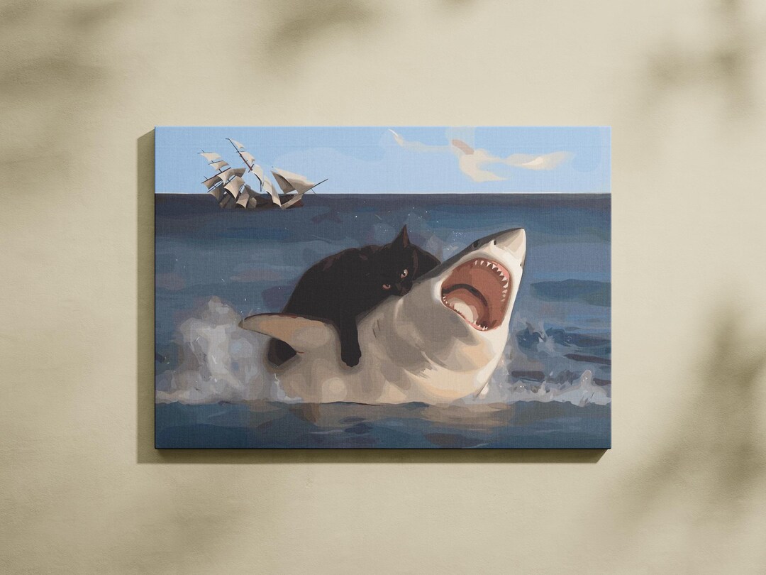 Cat Attacking Shark Art, Cat Attacking Shark Poster, Parody Cat Canvas ...