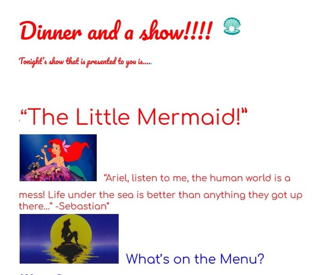 The Little Mermaid Themed Dinner and Movie Menu - Etsy