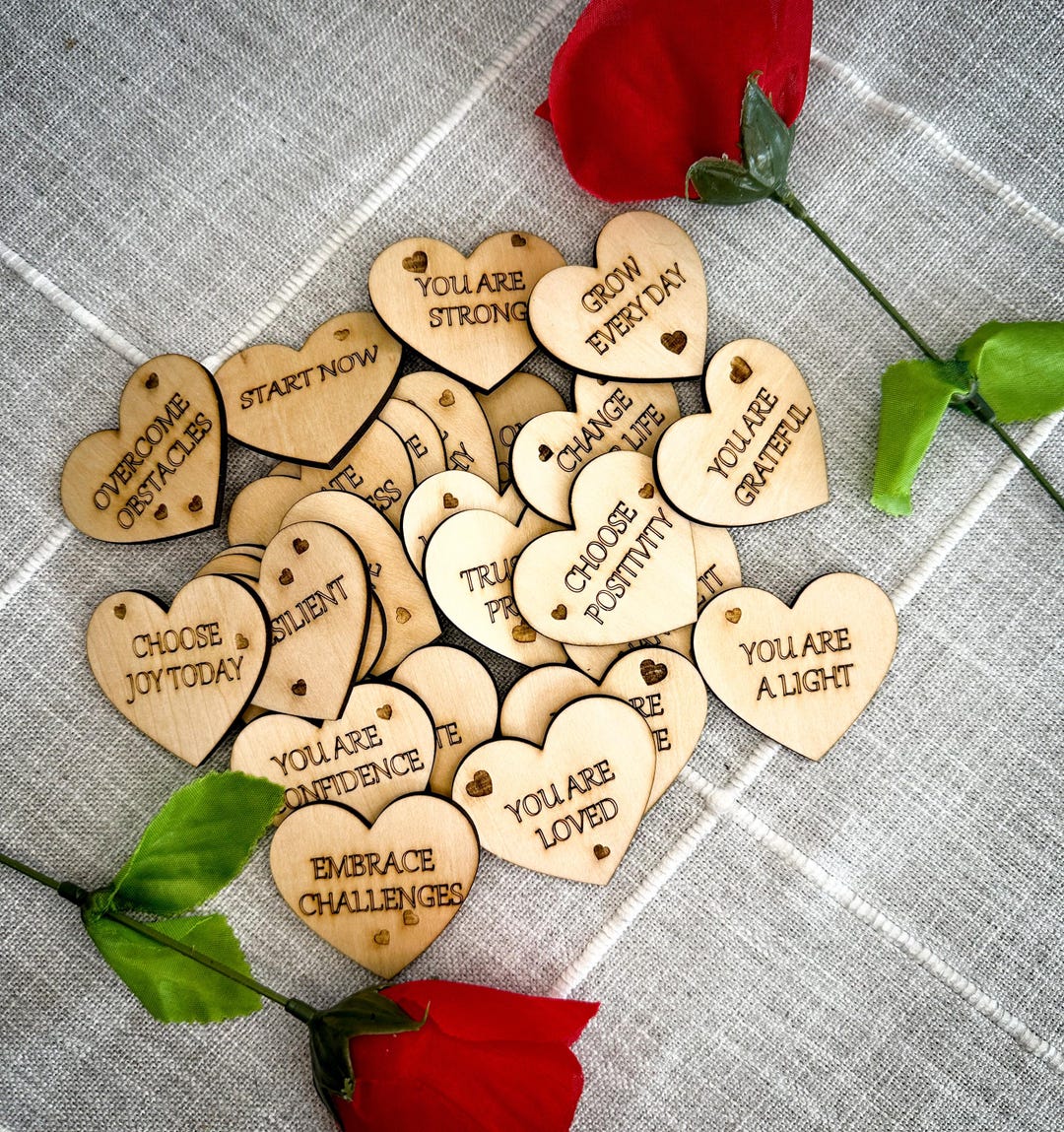 Affirmation Tokens Set of 25 Heart Wood Tokens Positive Pocket Tokens ...
