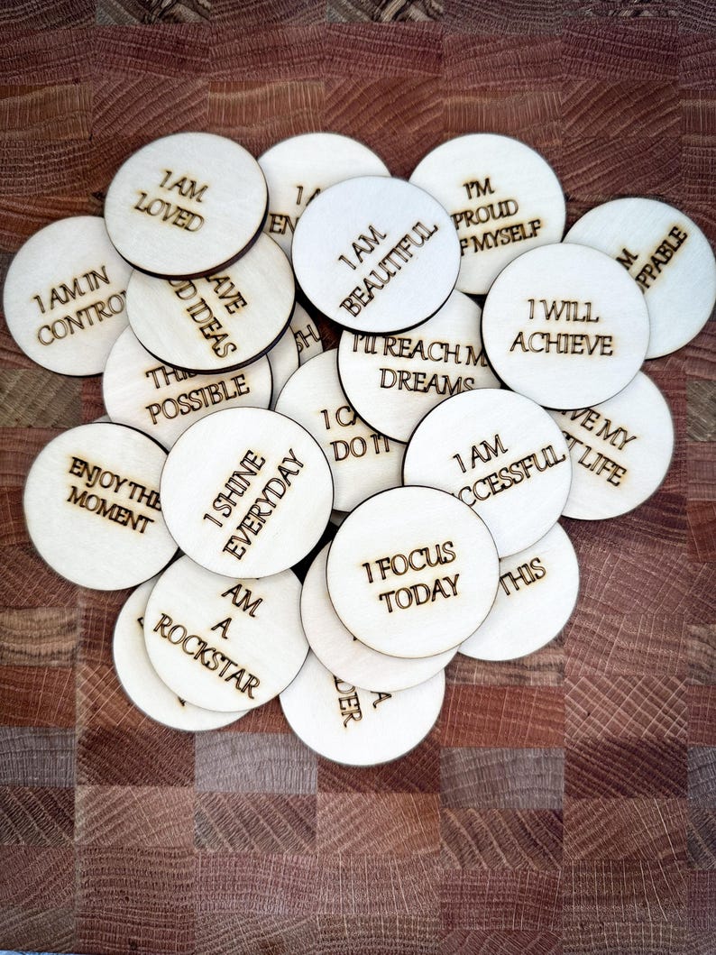 Affirmation Tokens Set of 25 Round Wood Tokens Positive Pocket Tokens ...