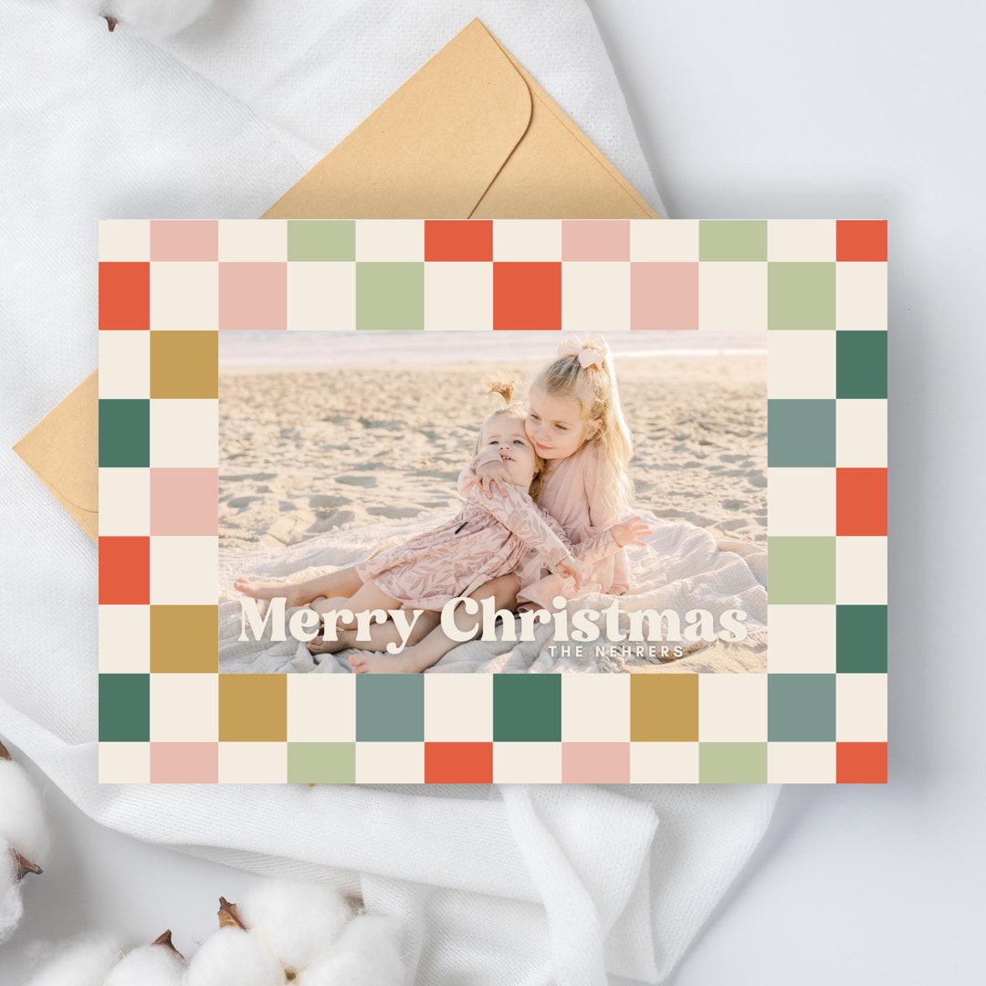 Editable Modern Checker Colorful Photo Christmas Card, Photo Christmas ...