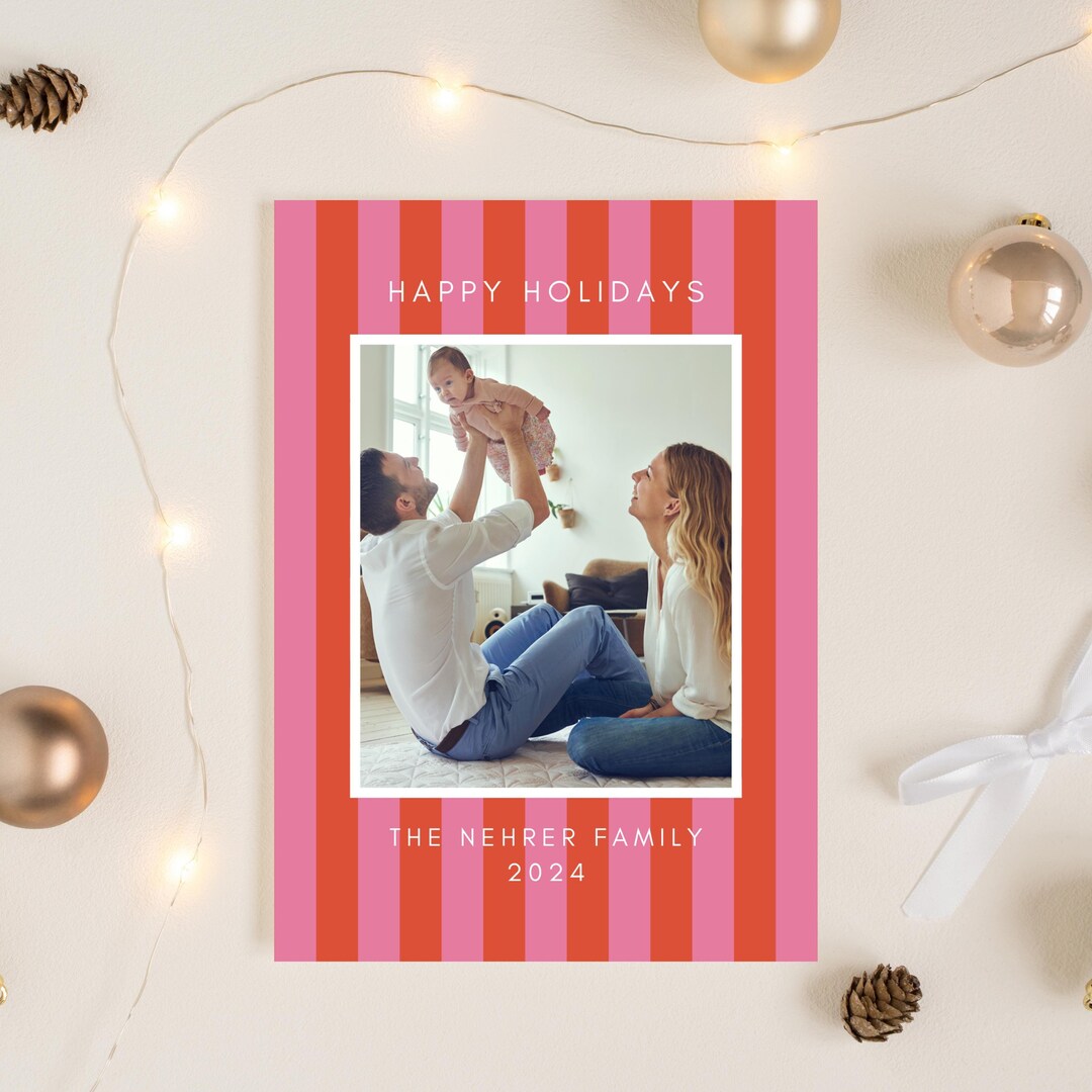 Photo Christmas Card Template, Bright Stripe Holiday Card, Boho Holiday ...