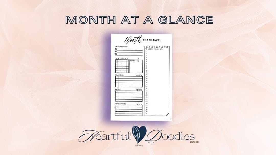 MONTH AT A GLANCE Monthly Overview Planner Printable, Monthly Template ...