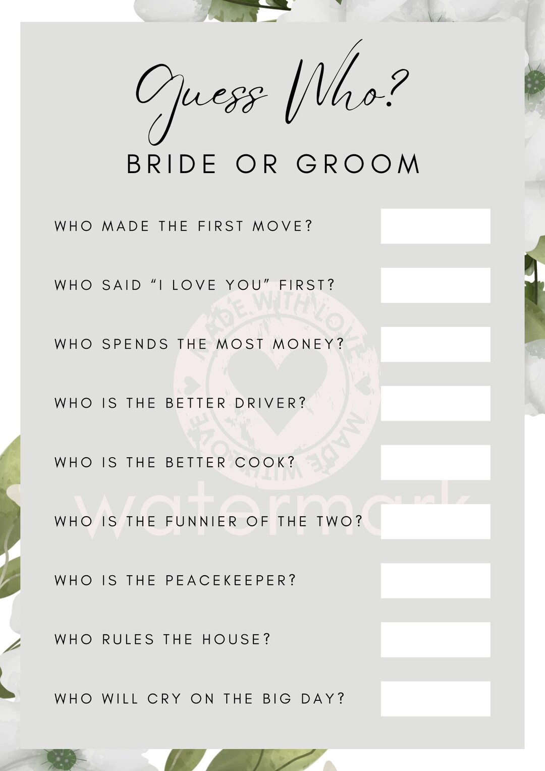 Bride & Groom- Guess Who Game, Bridal Shower Game, Printable, Download ...