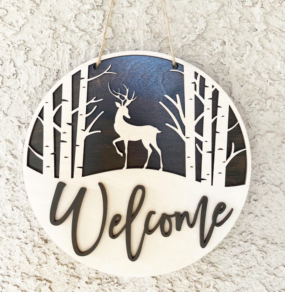 Rustic Woodland Front Door Welcome Sign, Deer and Birch Trees, 3 Layers ...