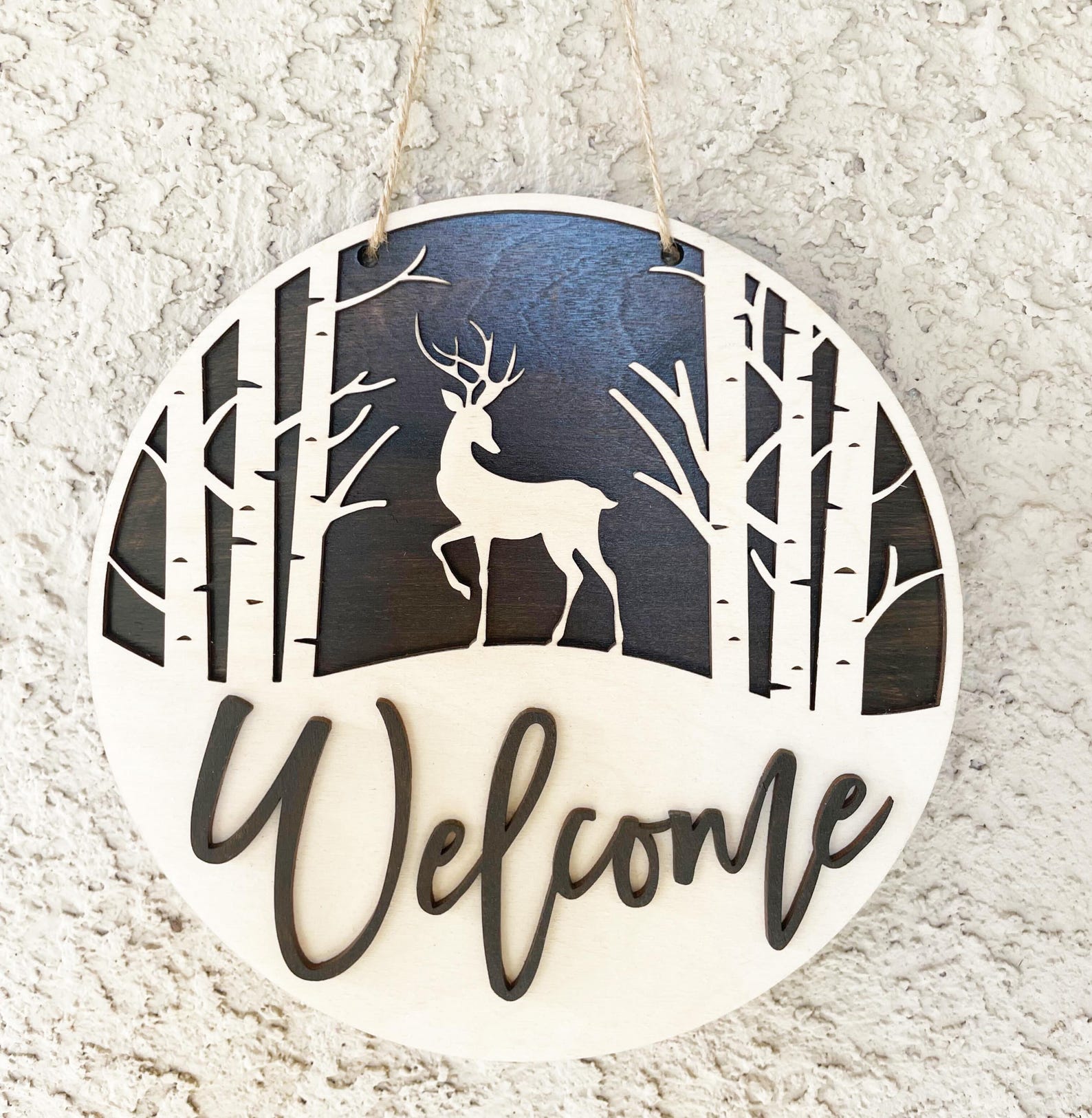 Rustic Woodland Front Door Welcome Sign, Deer and Birch Trees, 3 Layers ...
