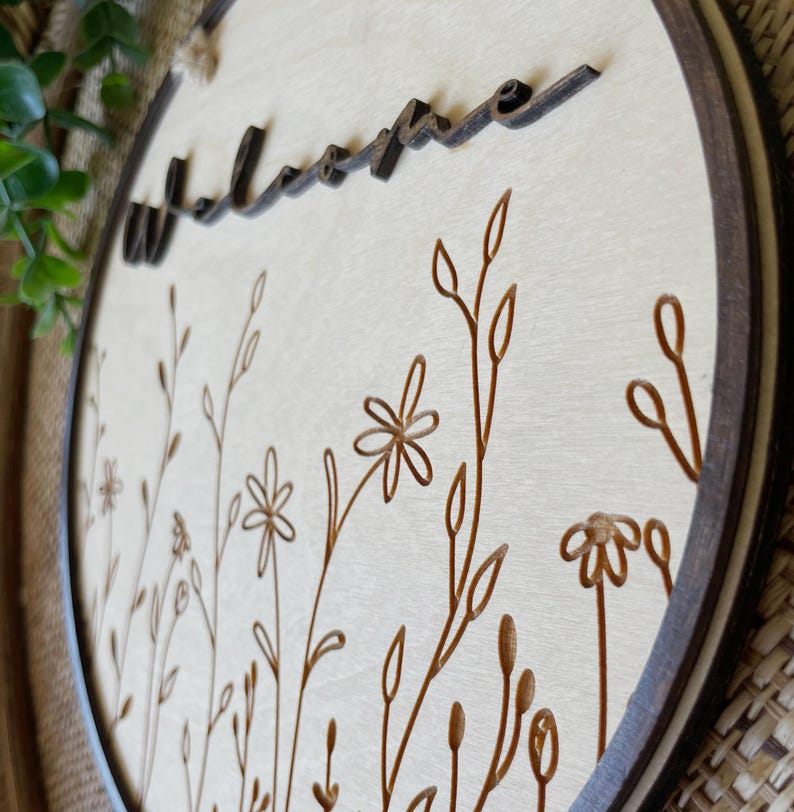 Pretty Wildflower Front Door Welcome Sign, Engraved Flowers With 2nd ...