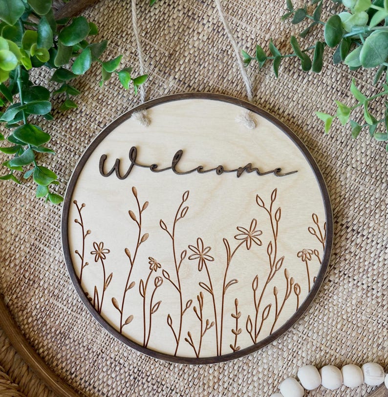 Pretty Wildflower Front Door Welcome Sign, Engraved Flowers With 2nd ...