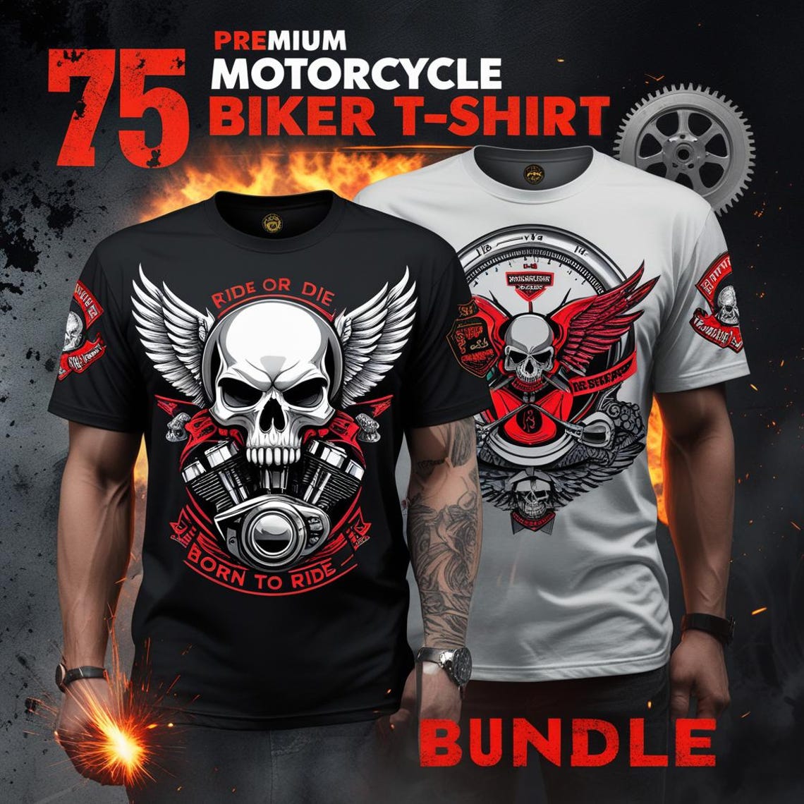 75 Retro Motorcycle T-shirt Designs, Biker Streetwear Bundle (digital ...