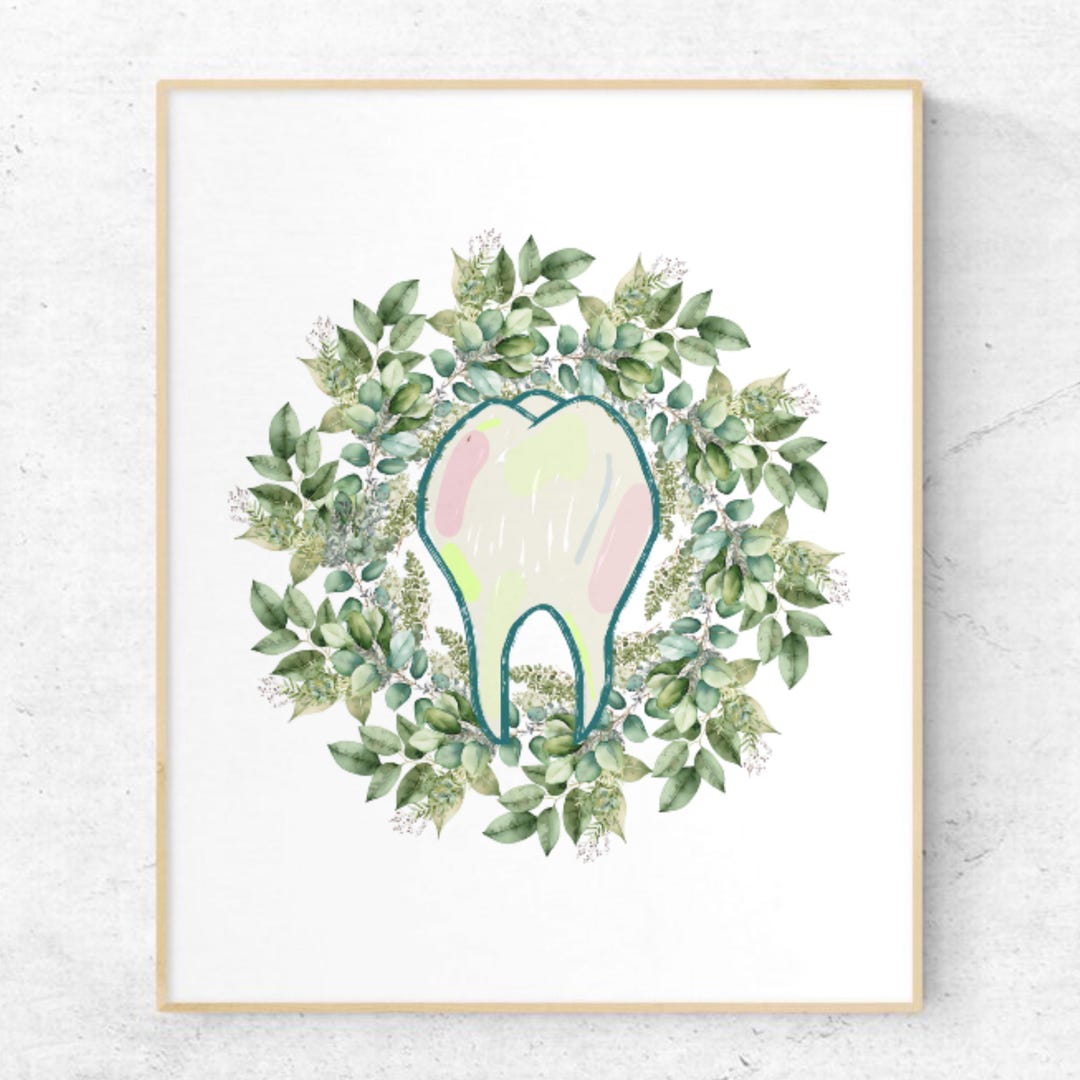 Anatomical Tooth Art Print With Eucalyptus Wreath | Botanical Dental ...