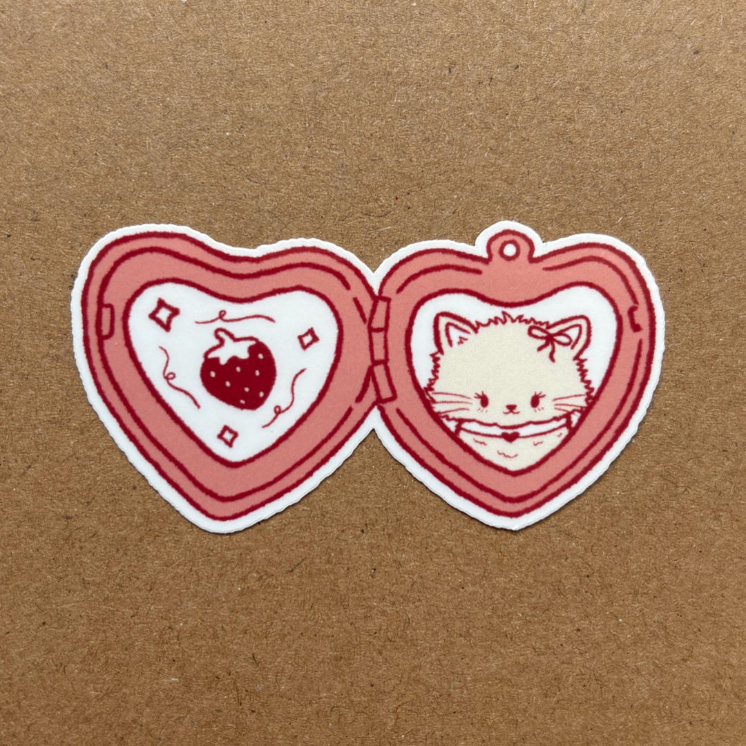 Strawberry Cat Locket Vinyl Sticker | Waterproof, Cute Stickers ...
