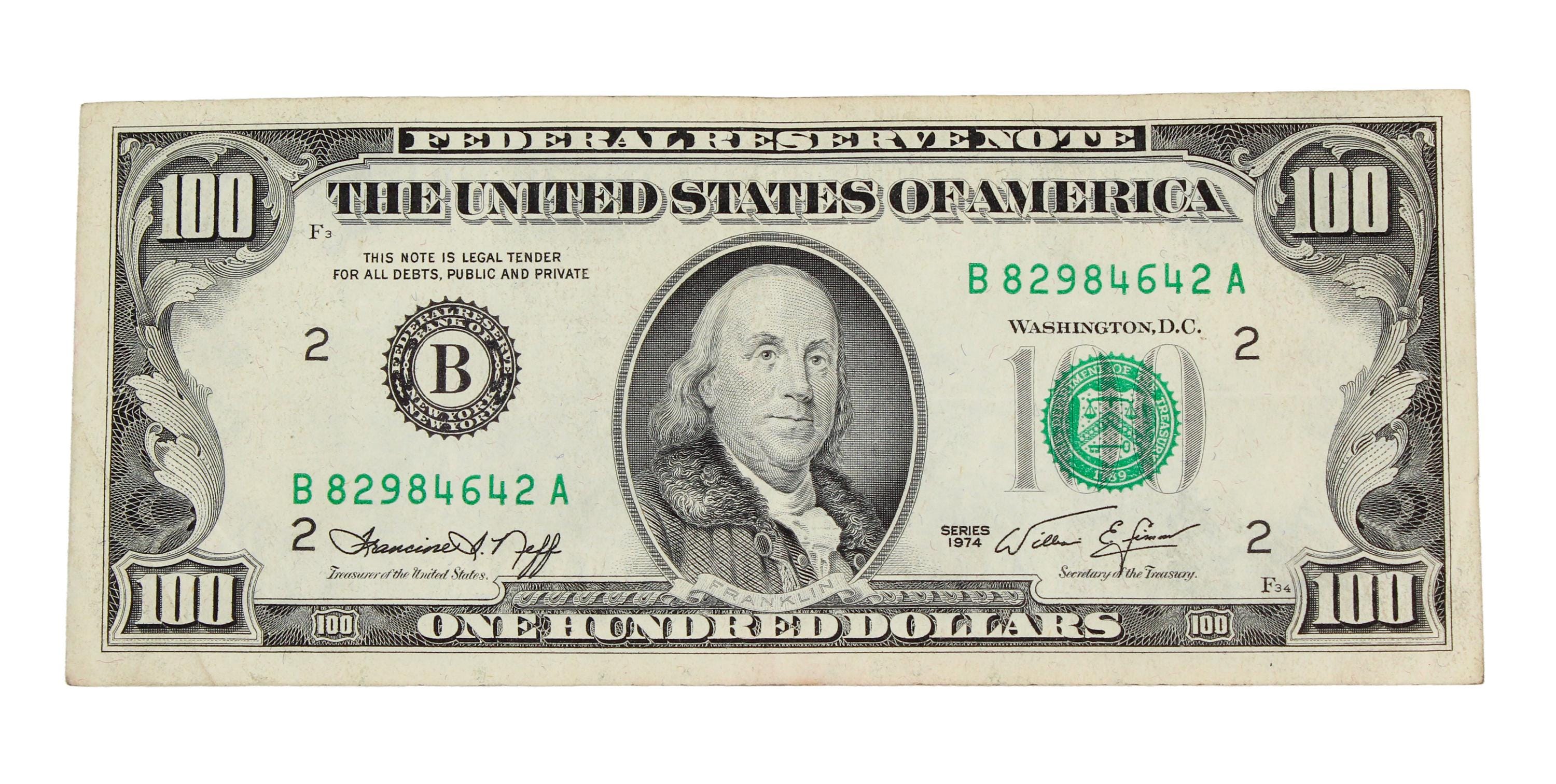 Elegant 1974 One Hundred Dollar Bill Images