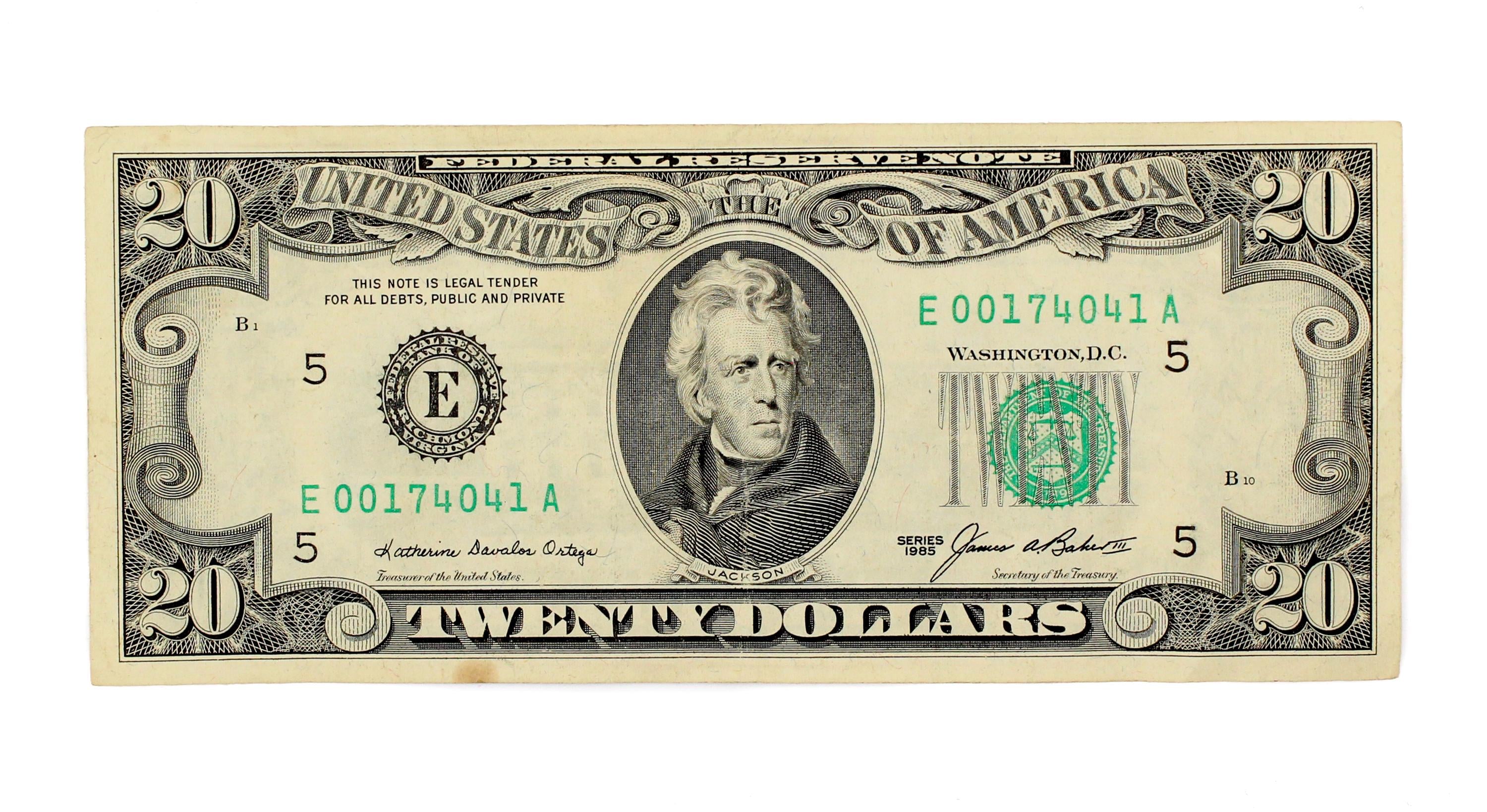 1985 20 Twenty Dollar Bill US Federal Reserve Note Richmond E 00174041 ...