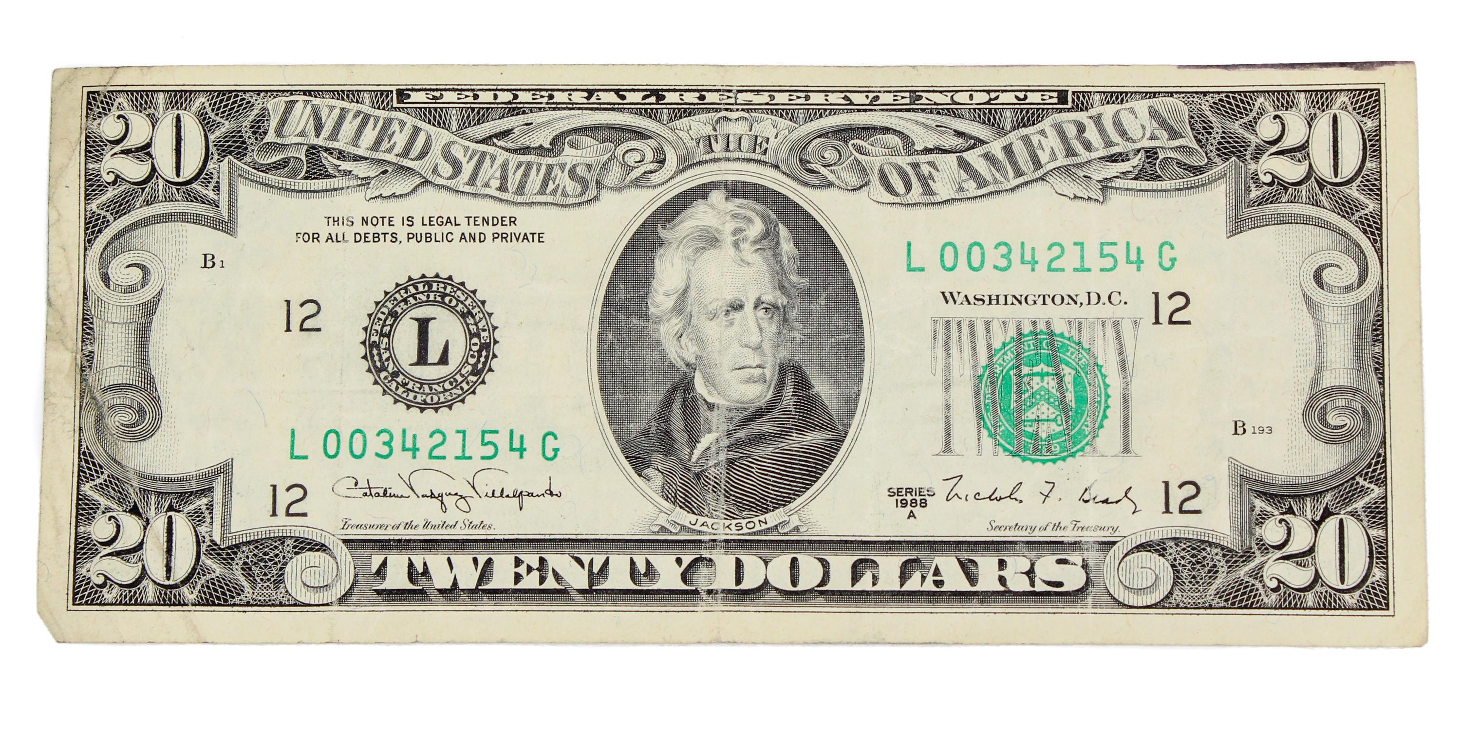 1988 A 20 Twenty Dollar Bill US Federal Reserve Note San Francisco L ...