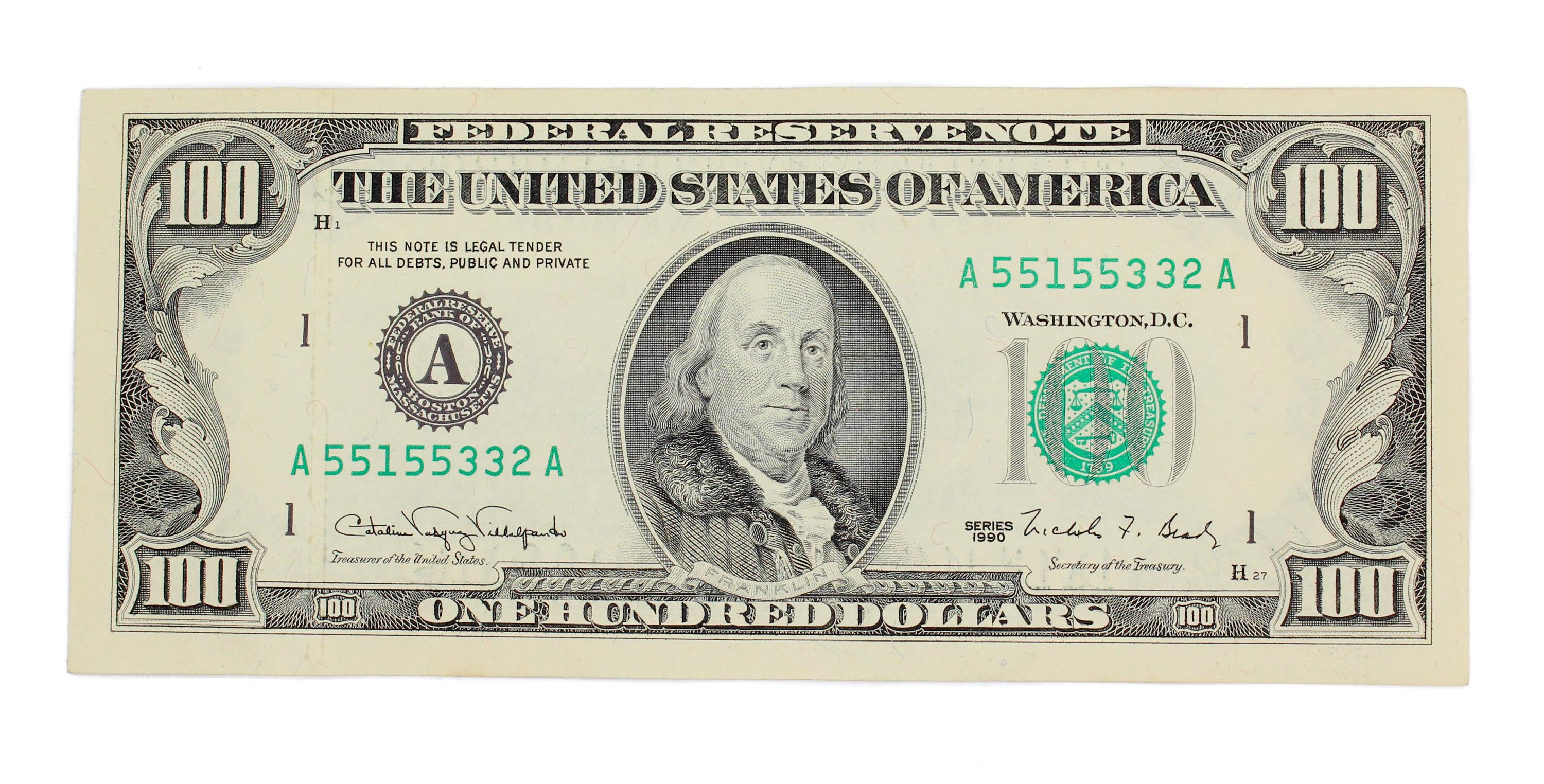 1990 100 One Hundred Dollar Bill Federal Reserve Note BOSTON Currency ...