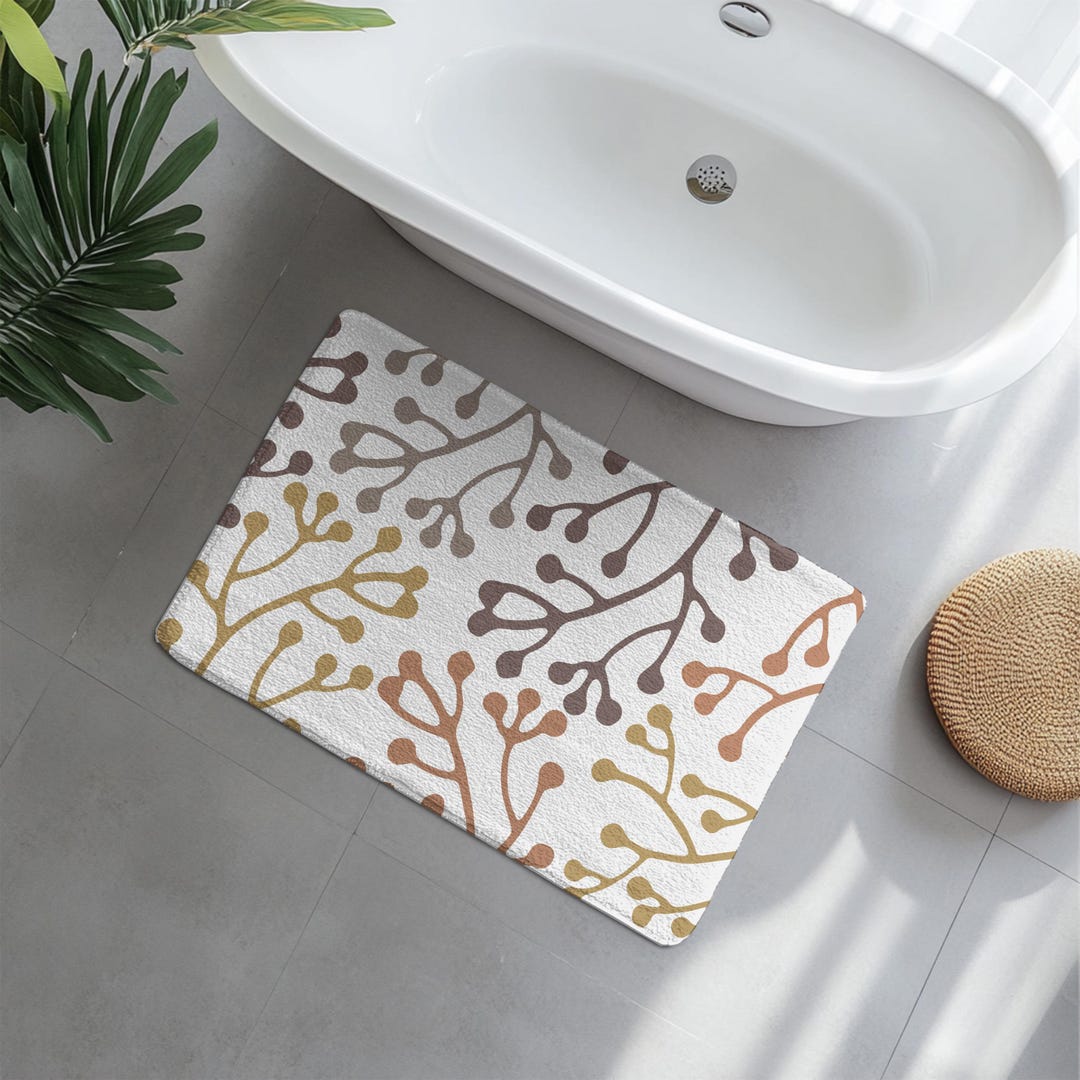 Japandi Bath Mat, Earth Tone Twig Design - Eco-friendly Bathroom Rug ...