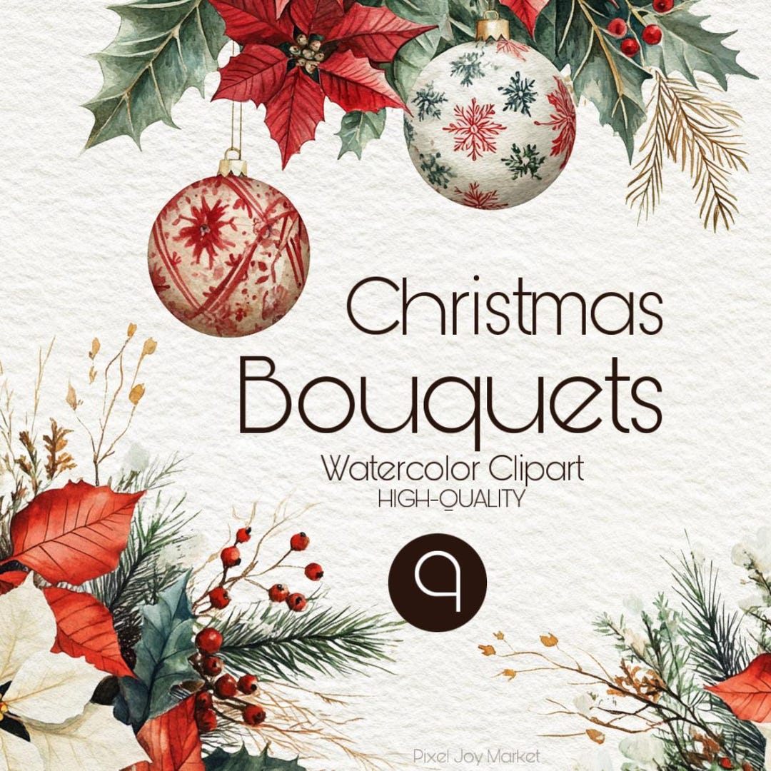 Christmas Clipart Set: 9 Watercolor Bouquets With Poinsettias and ...