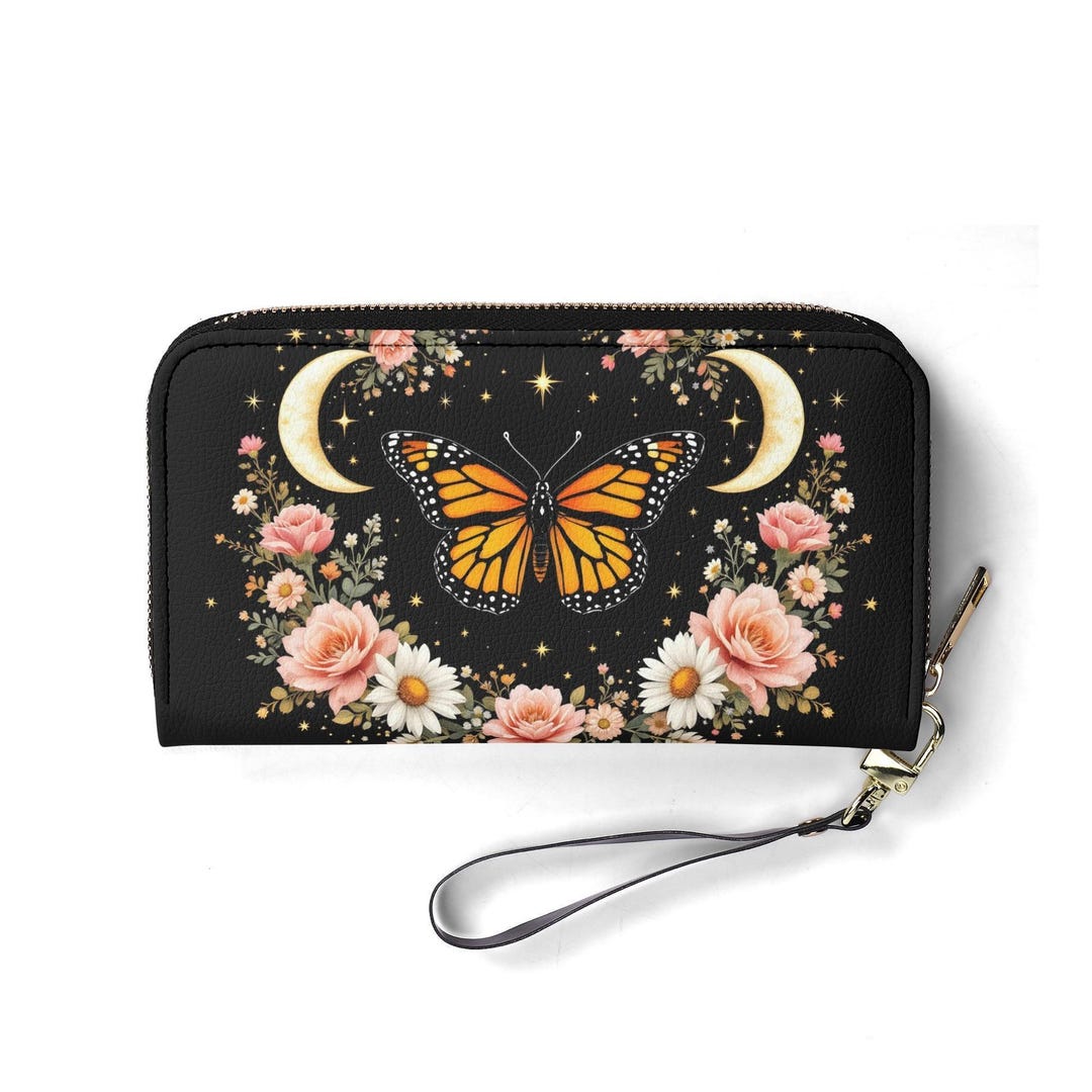 Butterfly Moon Wallet Vegan Leather Cute Wallet Unique Gift Wallets Zip ...