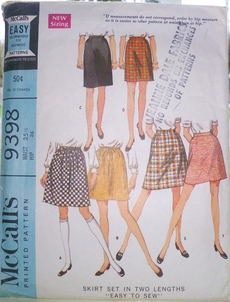 Mccall's Skirt Pattern 9398, Easy, Beginners, 1968, Sewing - Etsy UK