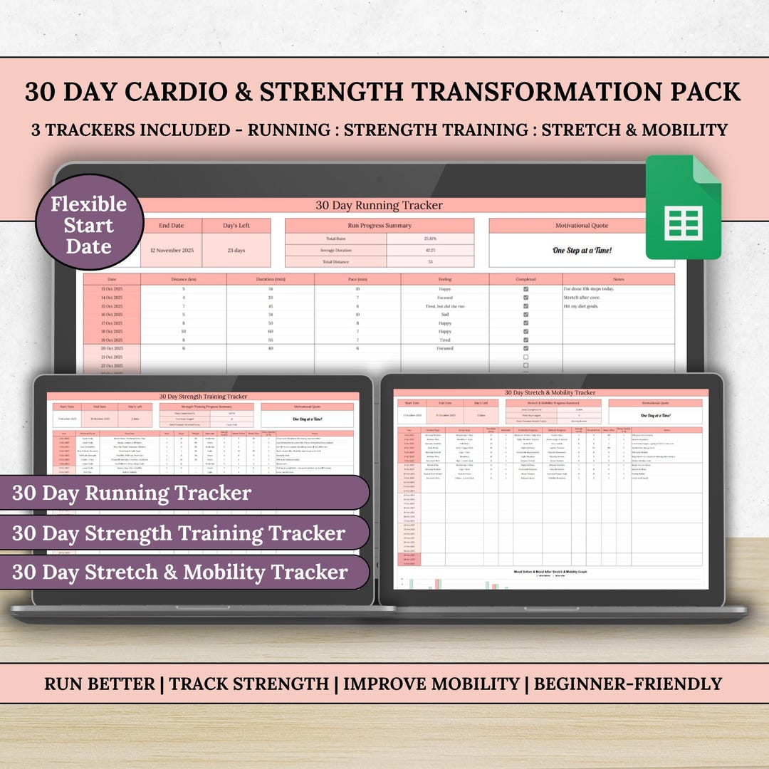 30 Day Cardio & Strength Transformation Pack (google Sheets), Running ...