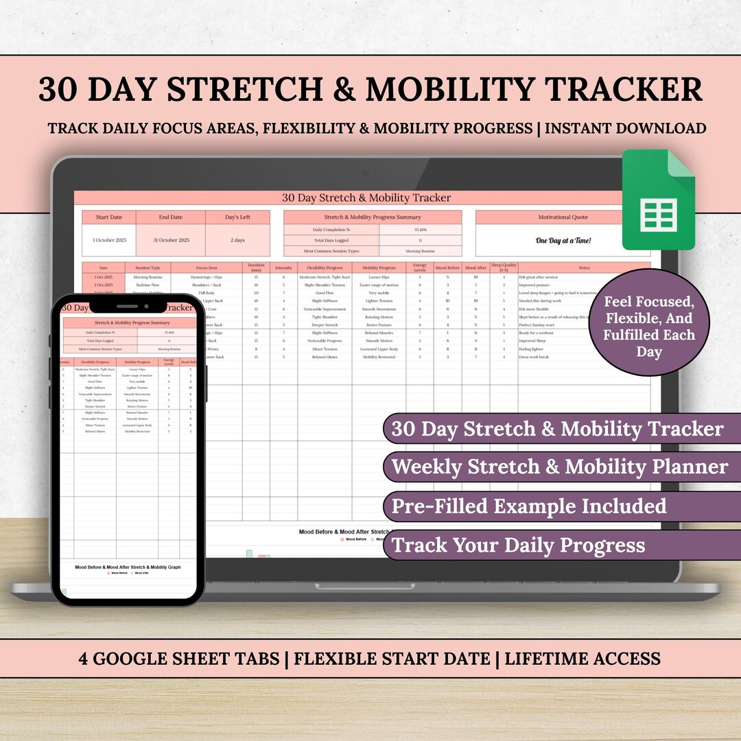 30 Day Stretch & Mobility Tracker, Flexibility Challenge Journal, Daily ...