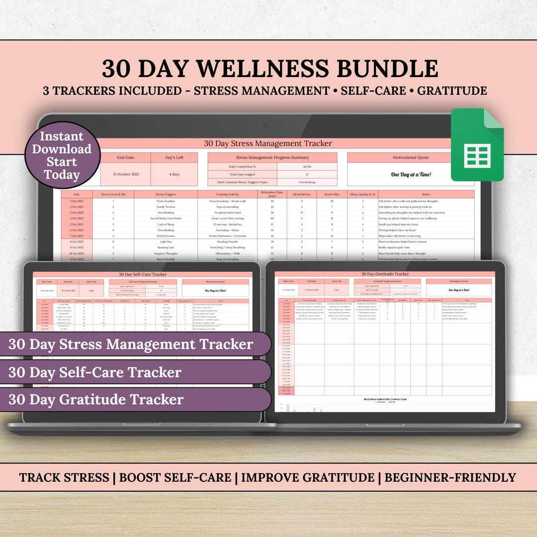 30 Day Wellness Bundle (google Sheets), Stress Management, Self-care ...