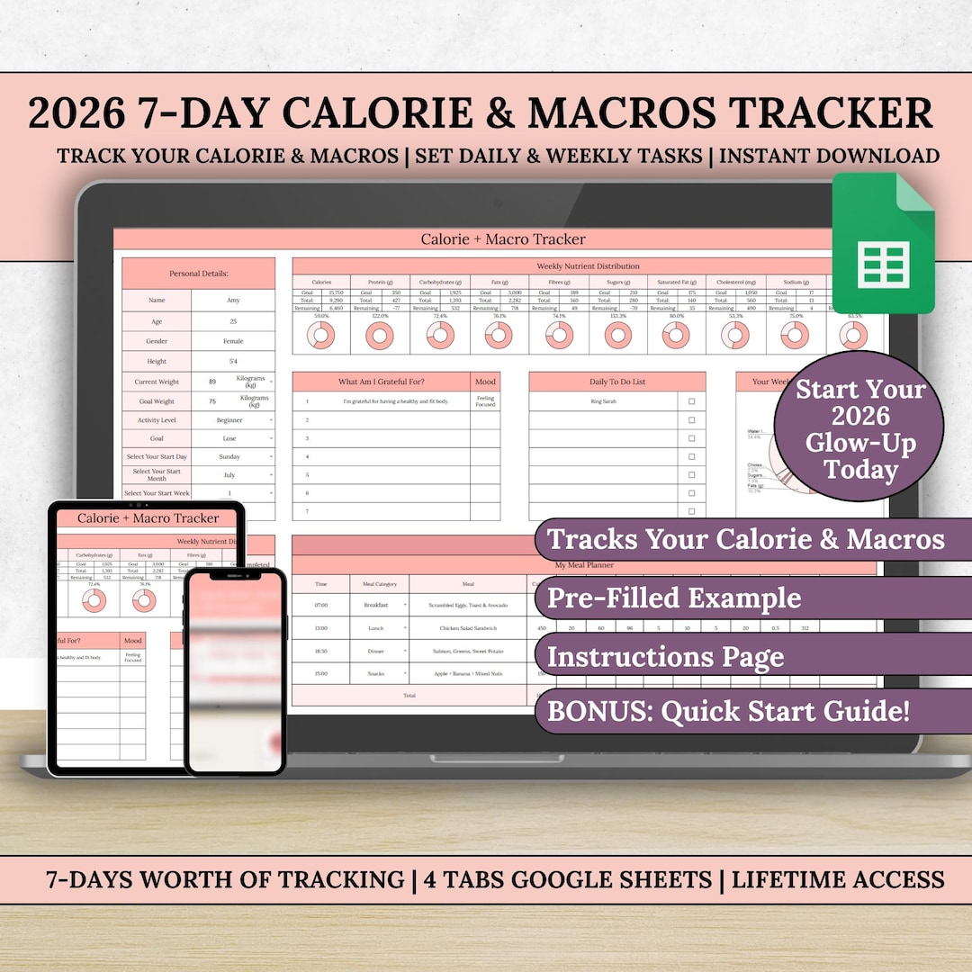 2026 7 Day Calorie & Macros Tracker for Google Sheets, New Year ...