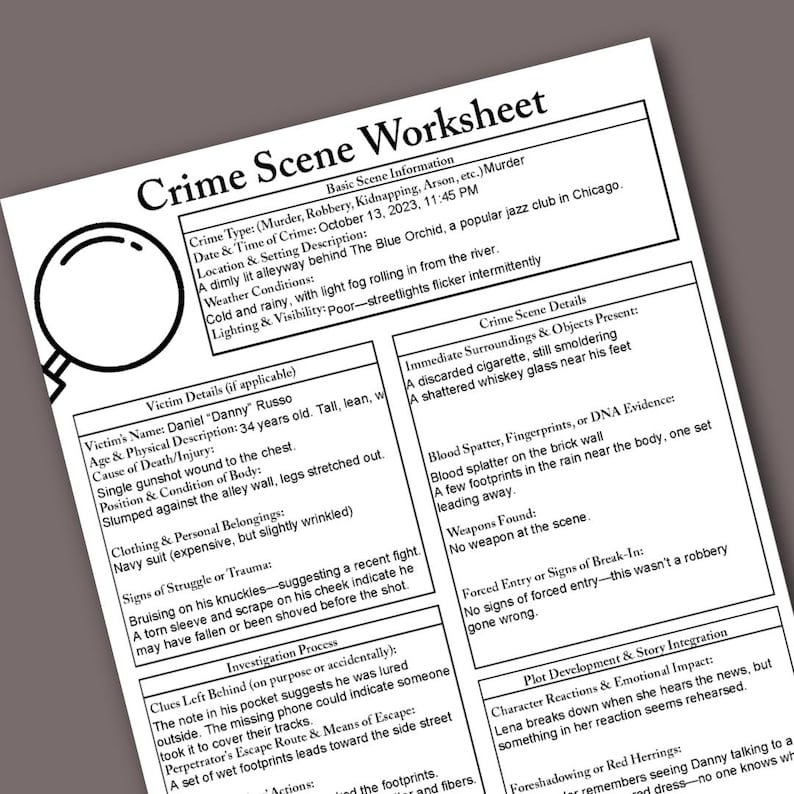 Detective Novel Worksheet Crime Scene Template for Mystery, Thriller ...