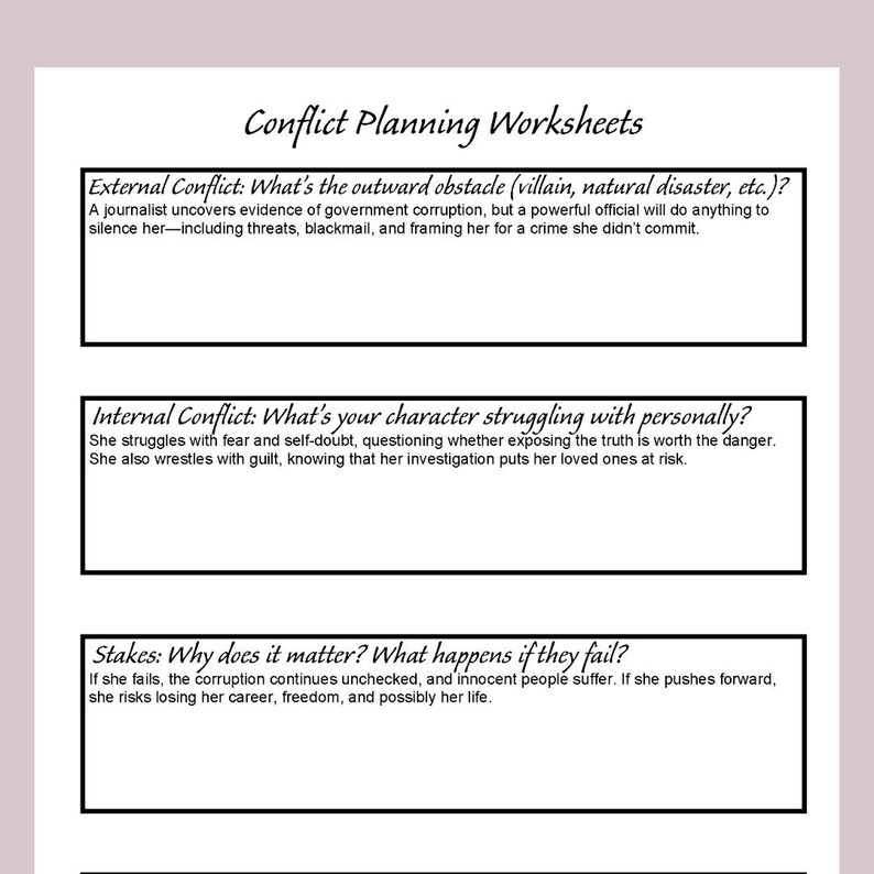 Novel Conflict Planning Worksheet for Novelists and Aspiring Writers ...
