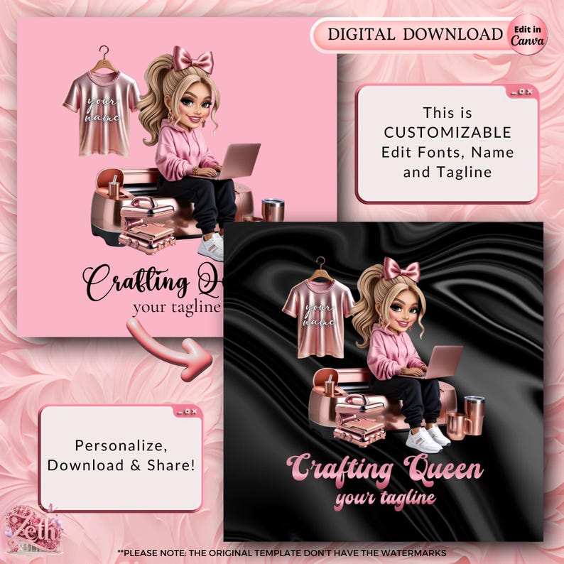Crafting Queen Logo Design, Pink Custom DIY Logo, Heat Press Business ...