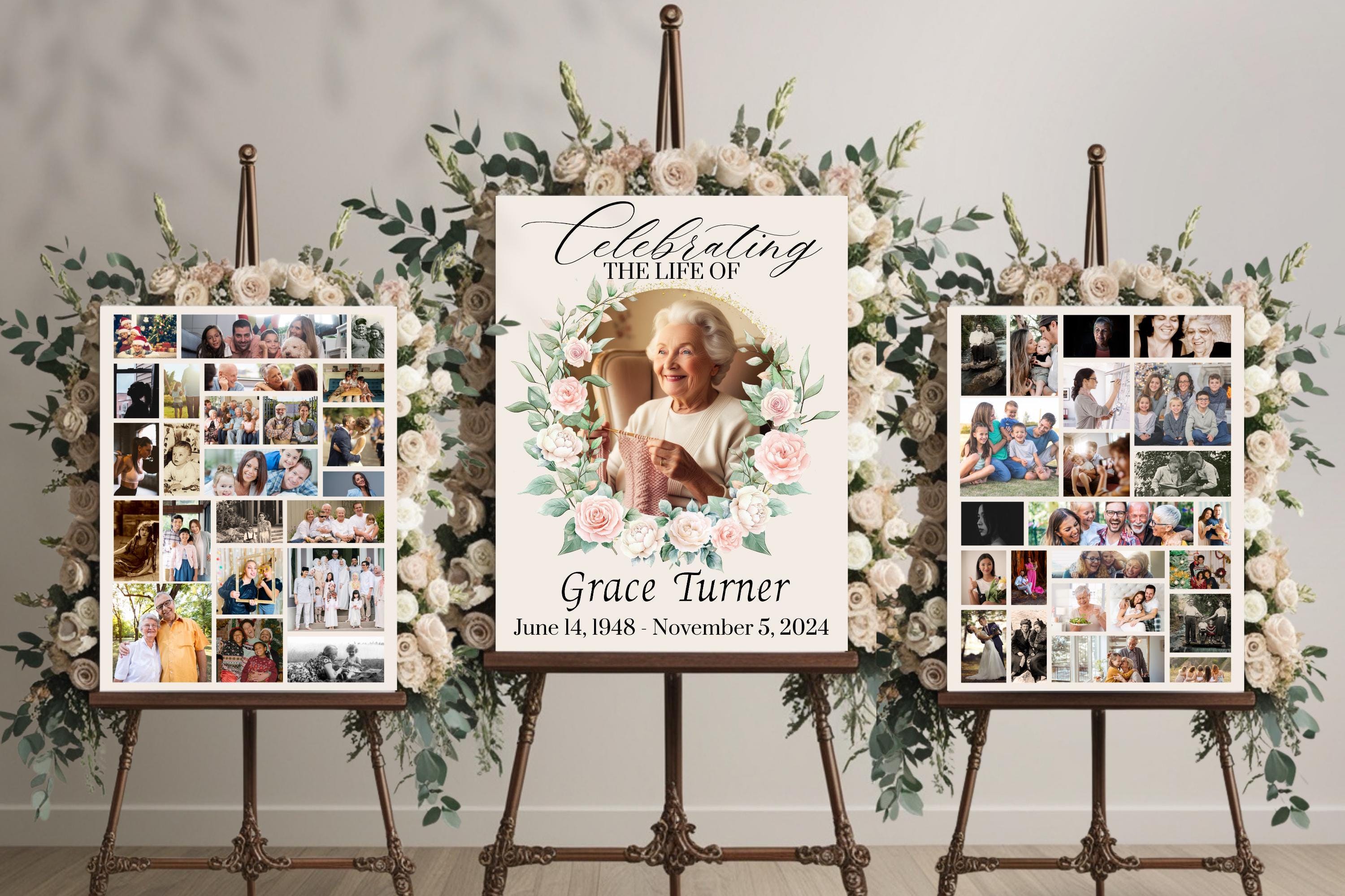 Blush Celebration of Life Funeral Photo Collage Sign Set Template ...