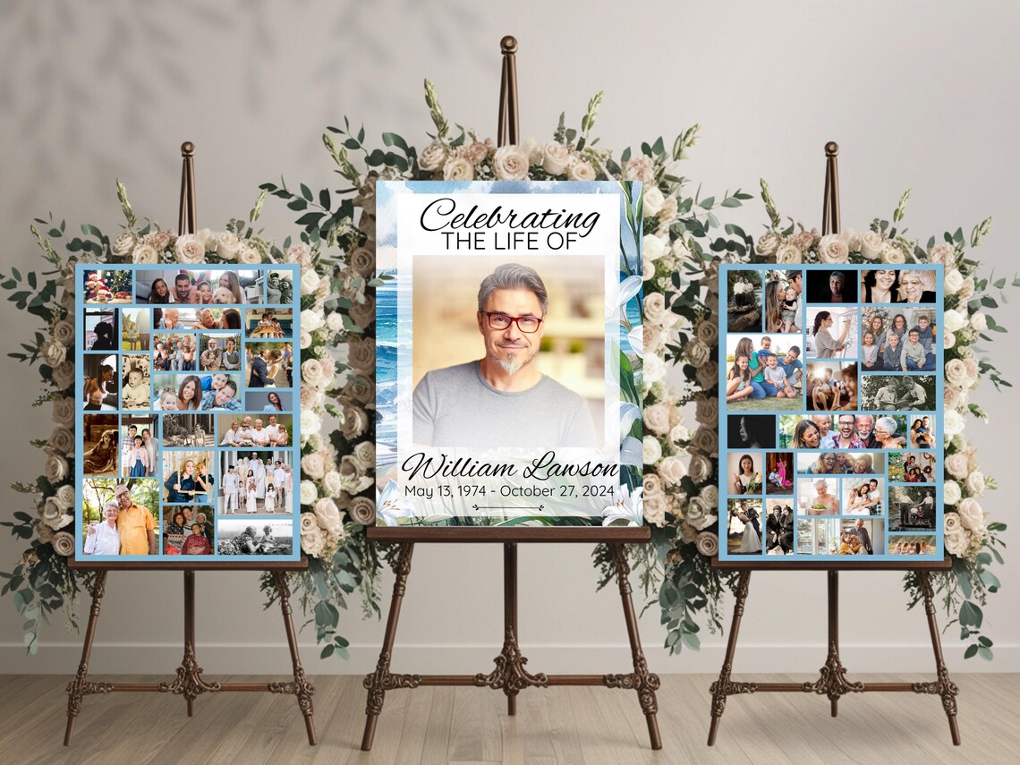 Serene Beach Celebration of Life Funeral Photo Collage Sign Set ...