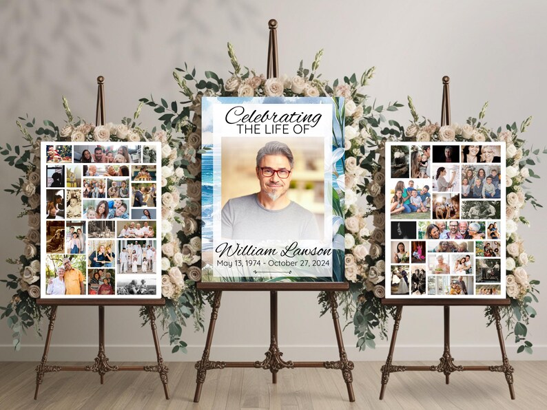 Serene Beach Celebration of Life Funeral Photo Collage Sign Set ...