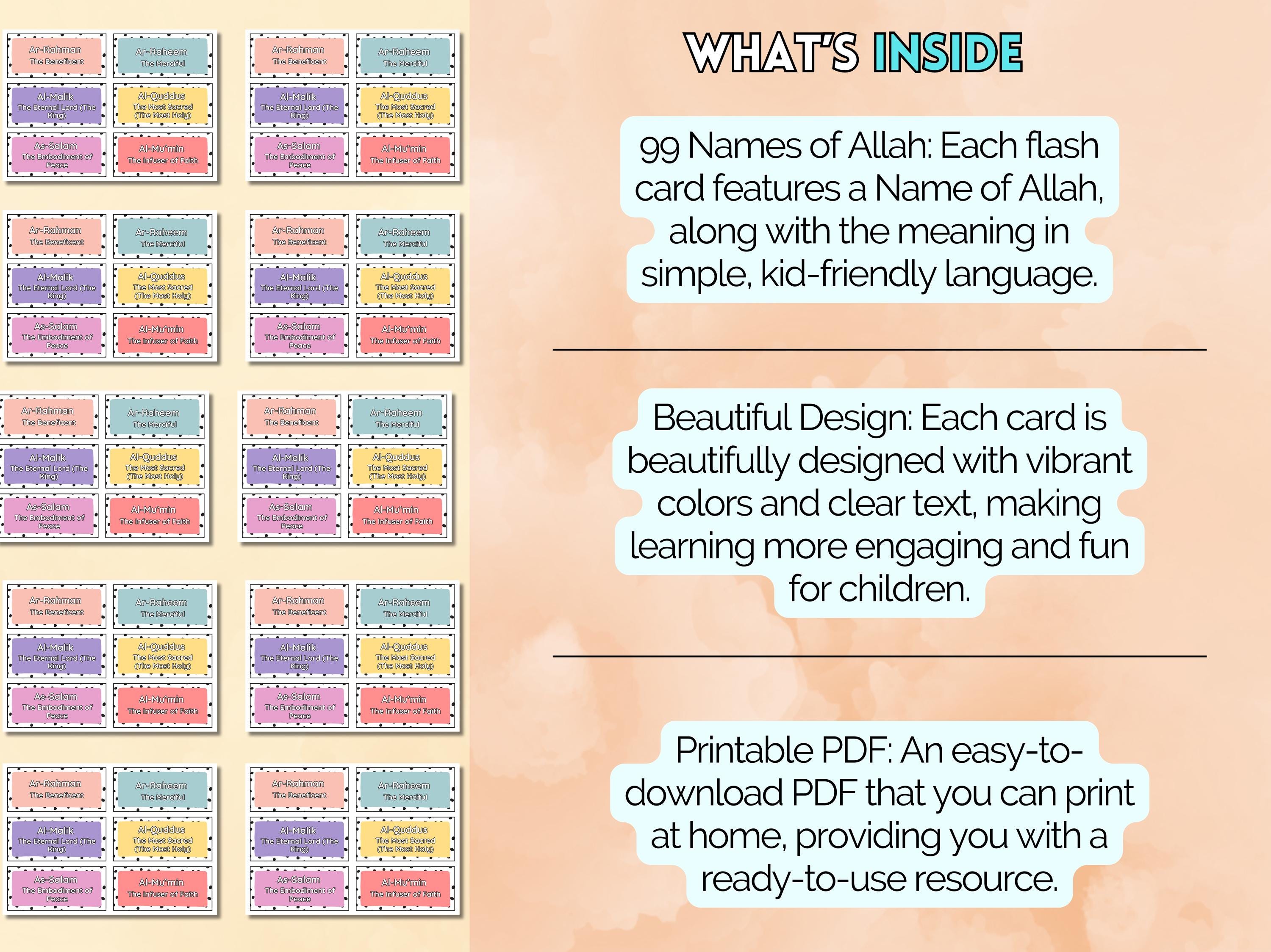 99 Names of Allah Flashcards for Kids Printable | Islamic Learning ...