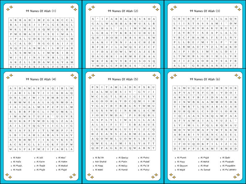 99 Names of Allah Word Search: Kids Islamic Activity (printable PDF) - Etsy
