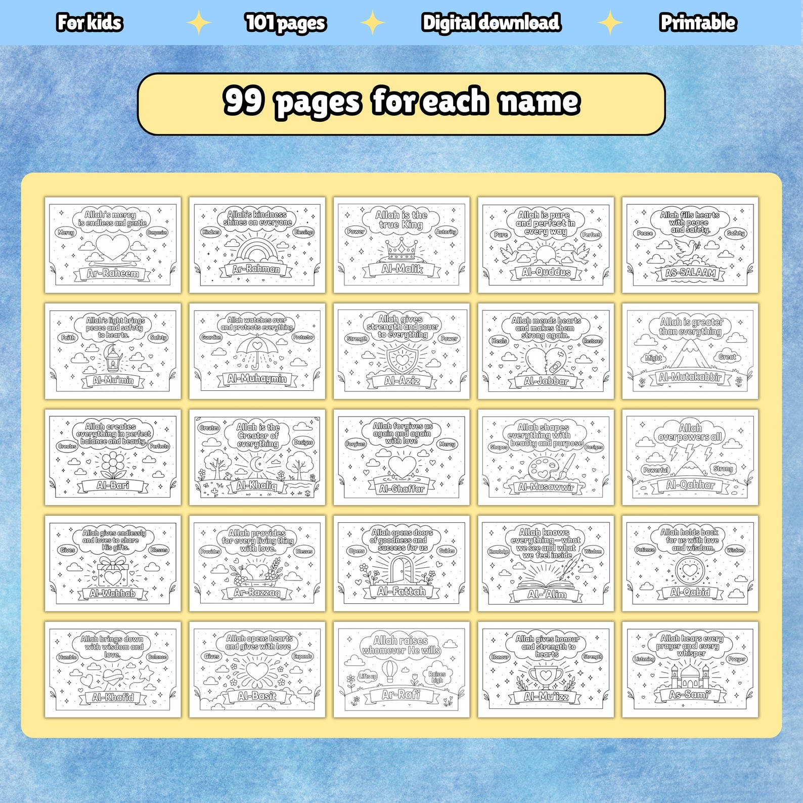 99 Names of Allah Table-top Coloring Book (landscape) | Classroom ...
