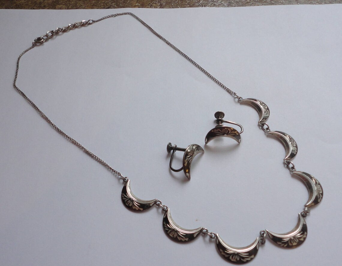 50s Forstner Etched Moons Silver Necklace/screw Earrings | Etsy