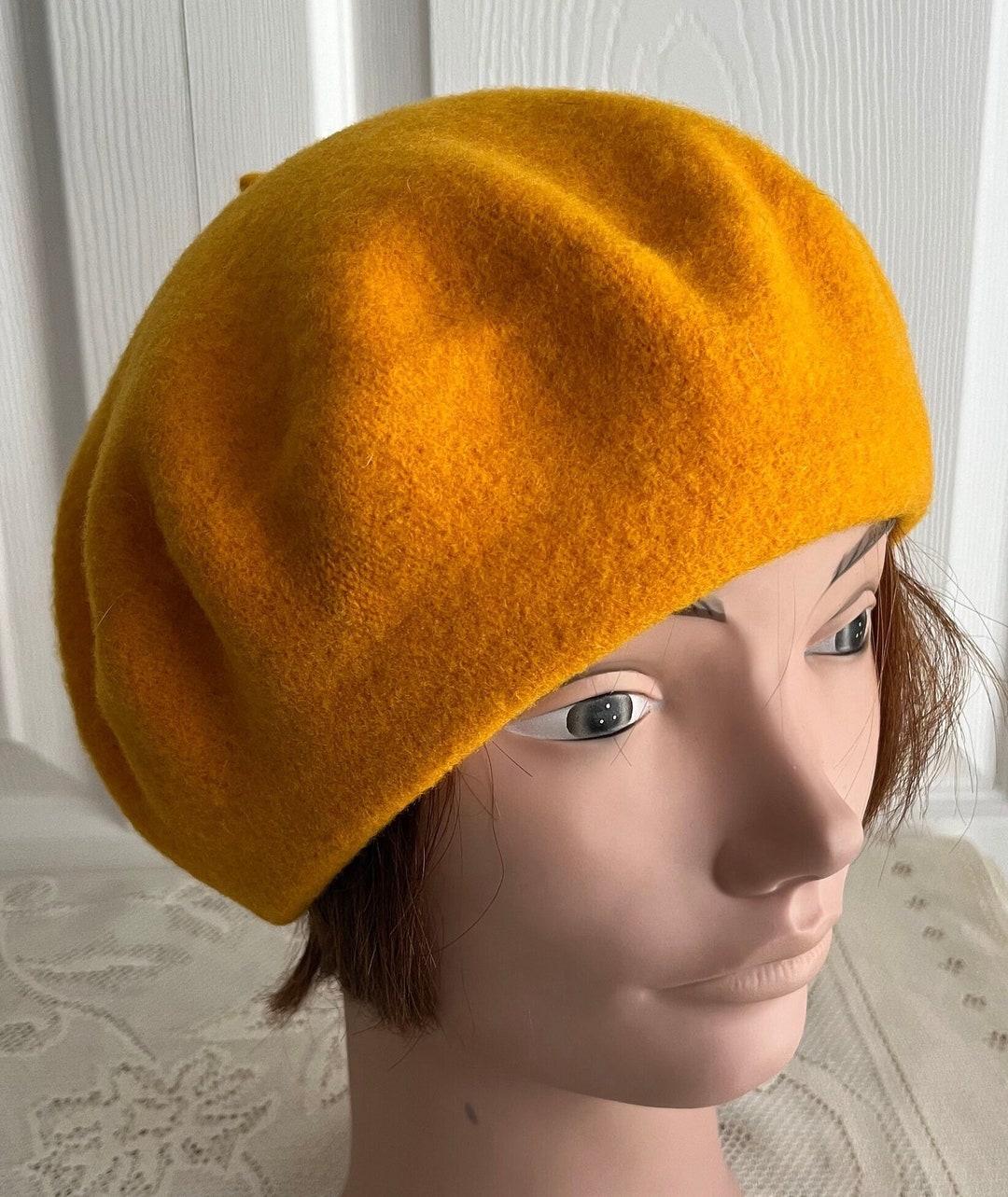 80s Yellow Wool Beret Unisex Hat Small 10 Inches Vintage Beatnik Look ...