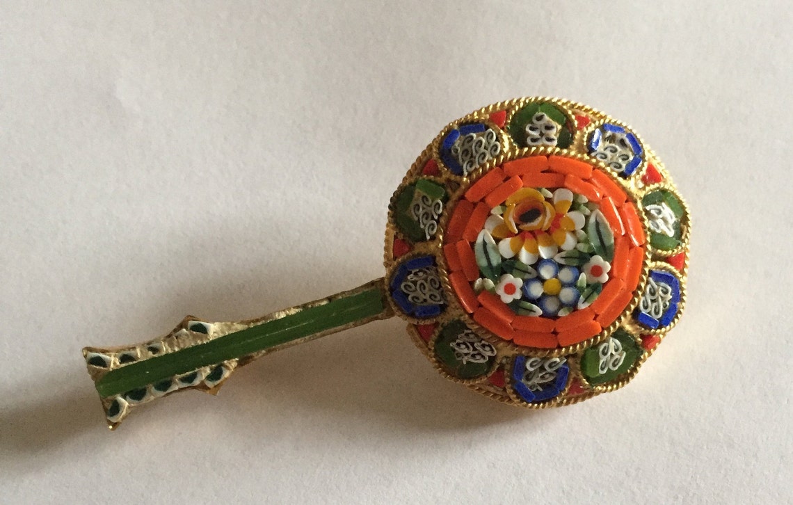 60s Micro Mosaic/goldtone Mandoline Shape Flower Brooch - Etsy