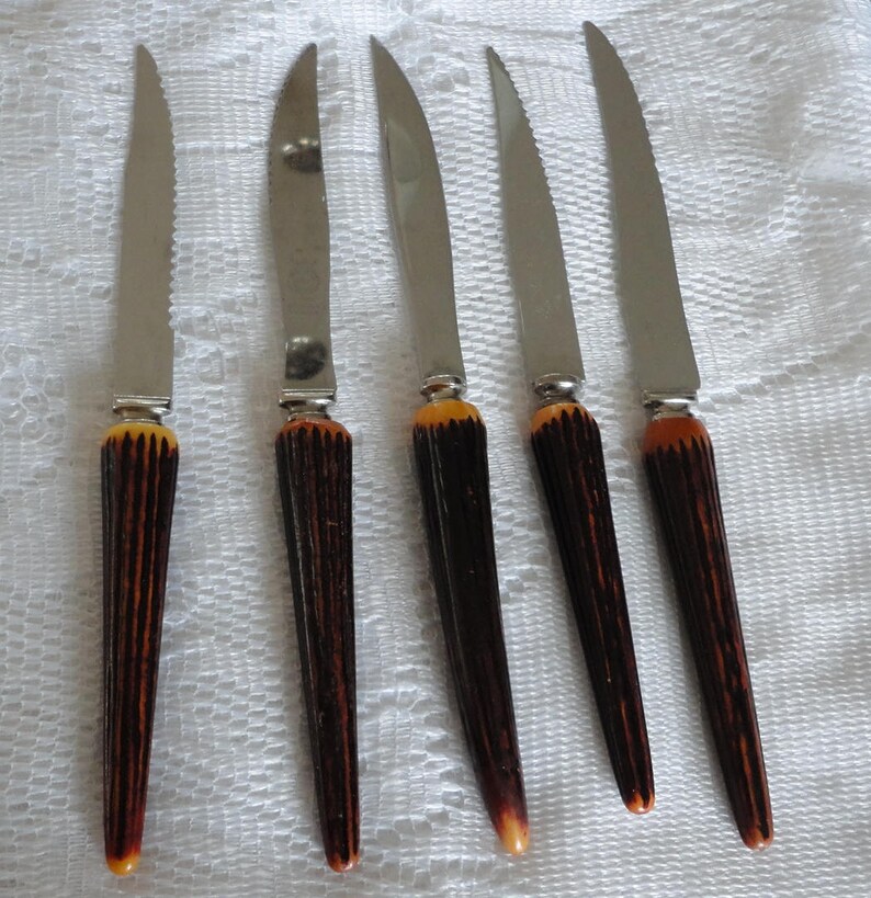 60s Moc Horn Bakelite 5 Steak Knives Flatware Sheffield Mixed Patterns ...