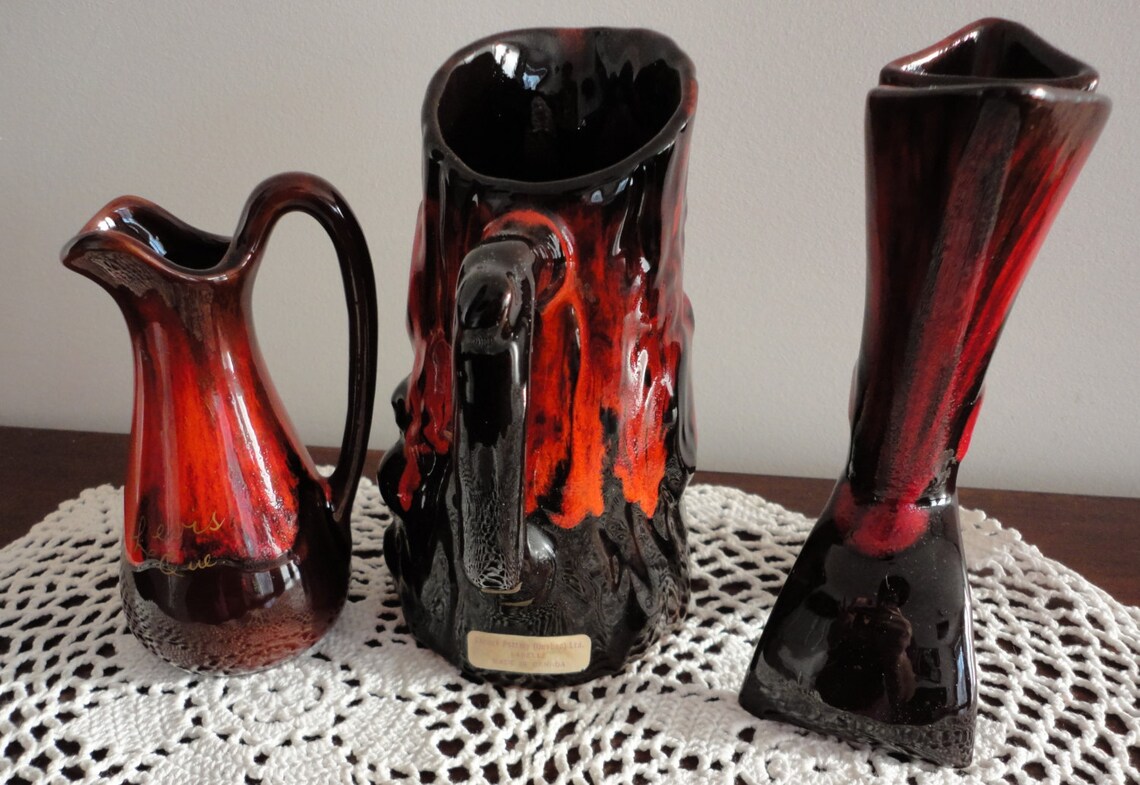 Pottery Lot 4 Red / Black Lava Laurentian Jugs & Flower Holder Made in ...