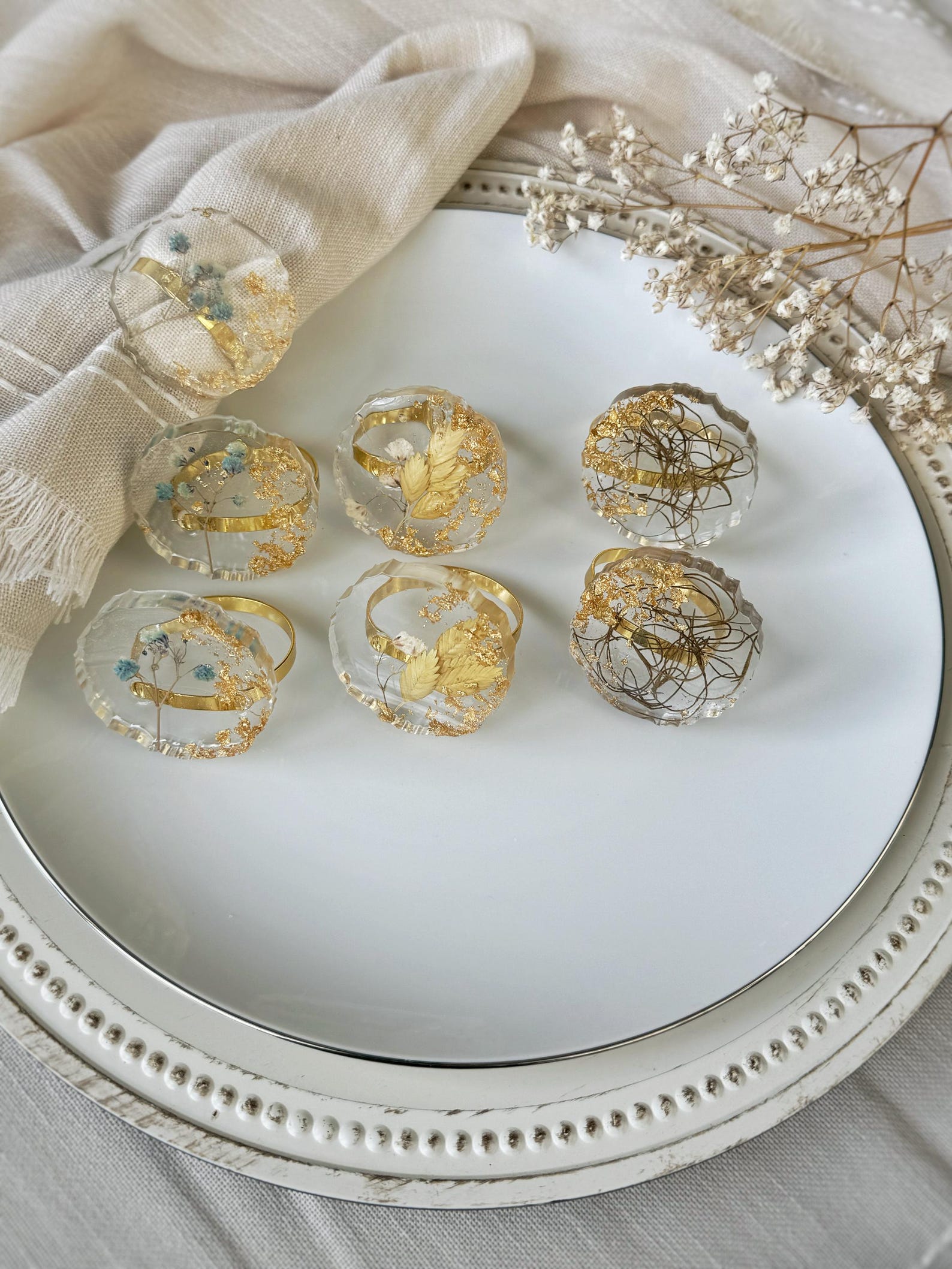 Pressed Flower Resin Napkin Rings: Gold Wedding Table Decor. Blue ...