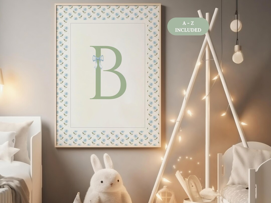 Floral Initial Nursery Print, Sage Green & Blue Alphabet (digital ...
