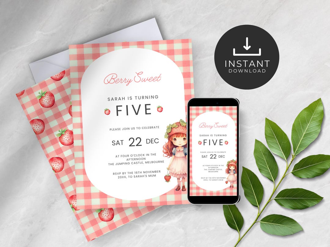 Strawberry 5th Birthday Invitation Template, Berry Sweet Fifth Birthday ...