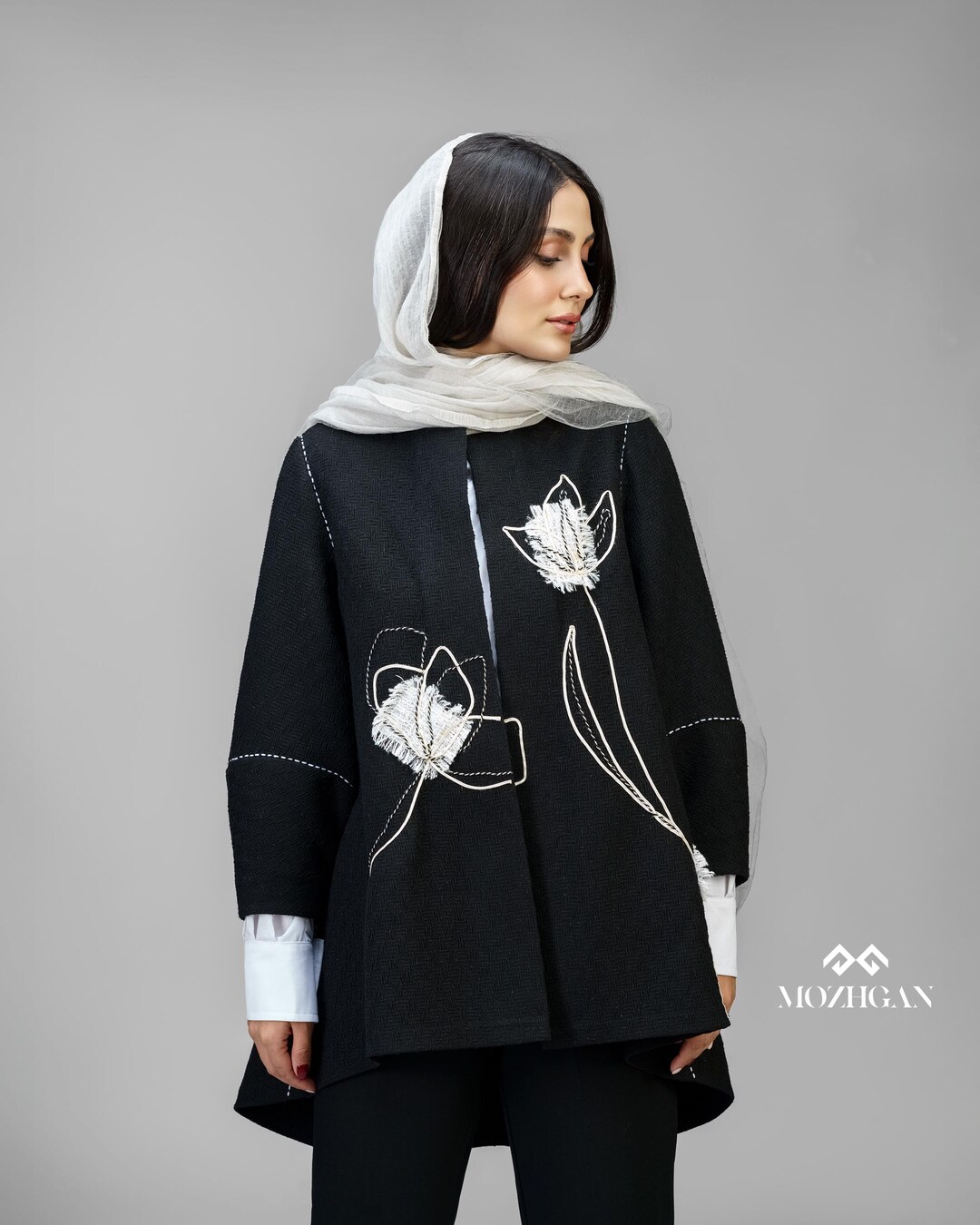 Black Coat Floral Embroidery Elegant Jacket Black Floral Coat Stylish ...