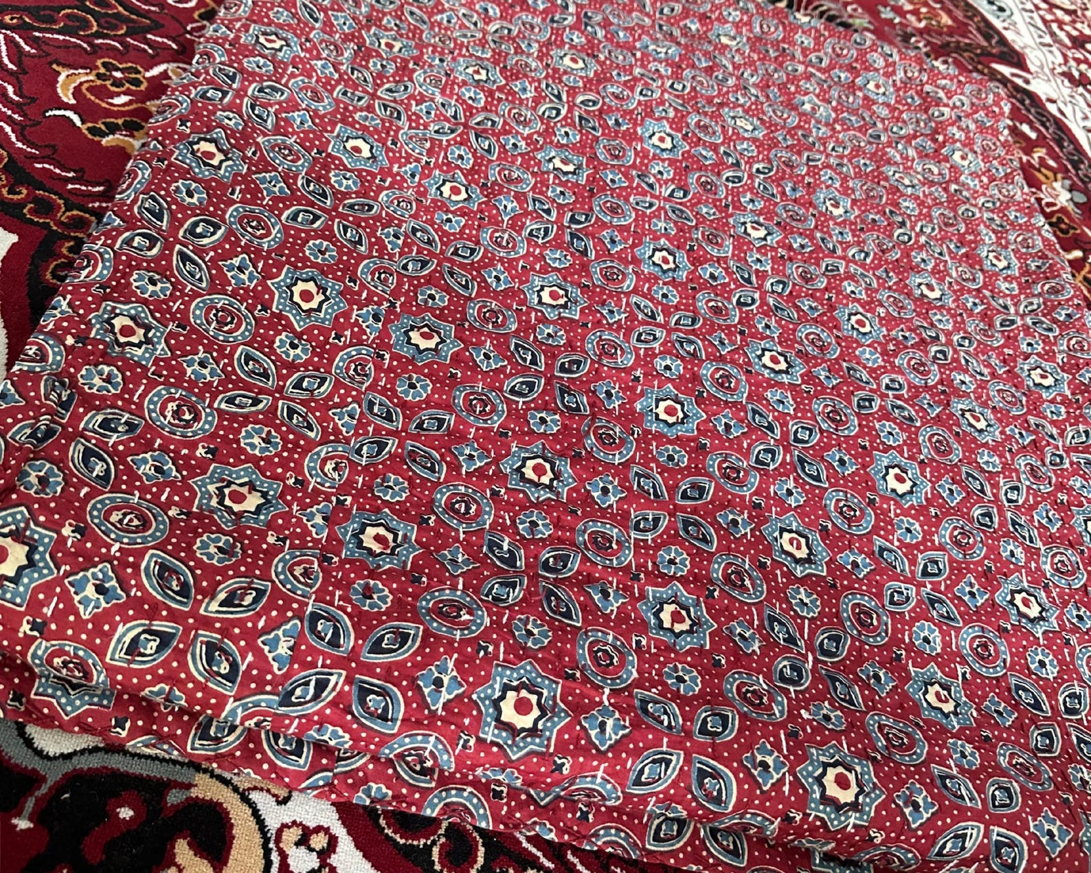 Hand Block Print Ajrakh Cotton Fabric | Red Geometric Indian Textile ...